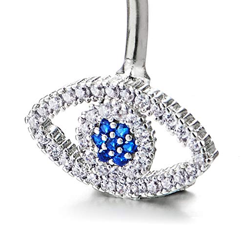 COOLSTEELANDBEYOND Cubic Zirconia Pave Evil Eye Belly Chain Belly Button Ring Body Jewelry Piercing Navel Ring