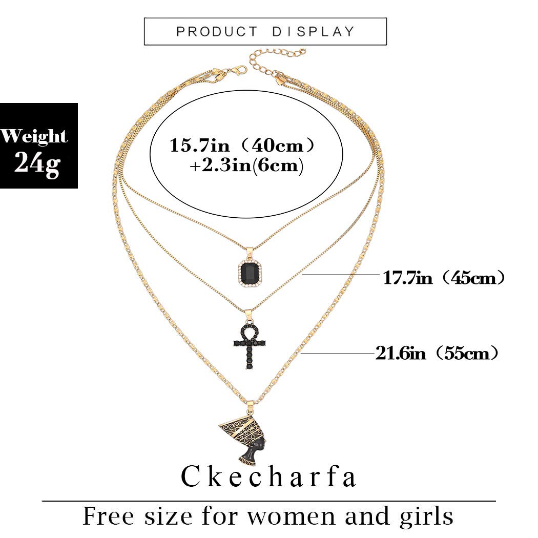 Ckecharfa Boho Africa Layered Necklaces Gold Gothic Nefertiti Egyptian Queen Pendant Necklace Gemstone Choker Necklaces Rave Party Adjustable Neck Chain Jewelry for Women