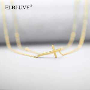 ELBLUVF Stainless Steel Gold Rose Gold Silver Plated Dainty Beads Sideways Cross Double Layers Necklace For Women (Gold 2 layers cross)