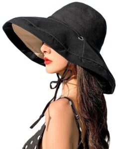 women's sun hat packable reversible bucket hat uv sun protection wide brim summer beach cap (black)