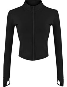 yeokou womens active zip up seamless sports running track jacket tops with thumbhole（black-m）