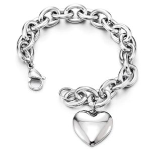 COOLSTEELANDBEYOND Womens Stainless Steel Rolo Chain Bracelet with Dangling Puff Heart, High Polished