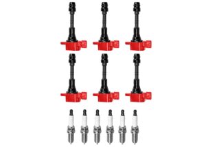 ena set of 6 red ignition coil pack and 6 iridium spark plug compatible with infiniti nissan fx35 g35 i35 m35 qx4 350z altima maxima murano nv2500 nv3500 pathfinder quest xterra v6 replace# uf349 4505