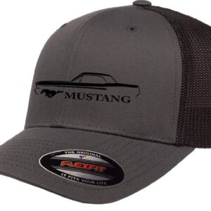 1965 1966 Ford Mustang Hardtop Outline Design Flexfit Trucker Mesh Fitted Cap Grey/Black