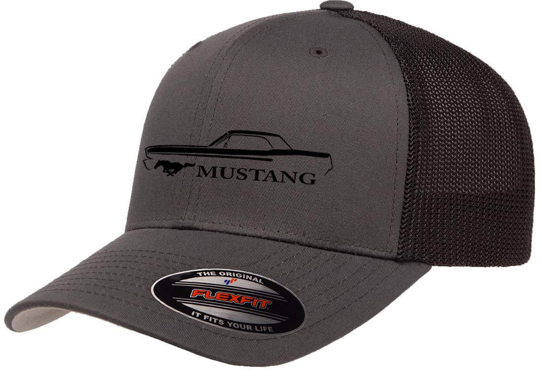 1965 1966 Ford Mustang Hardtop Outline Design Flexfit Trucker Mesh Fitted Cap Grey/Black