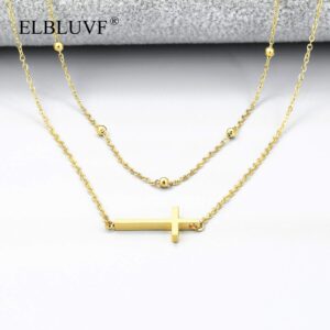 ELBLUVF Stainless Steel Gold Rose Gold Silver Plated Dainty Beads Sideways Cross Double Layers Necklace For Women (Gold 2 layers cross)