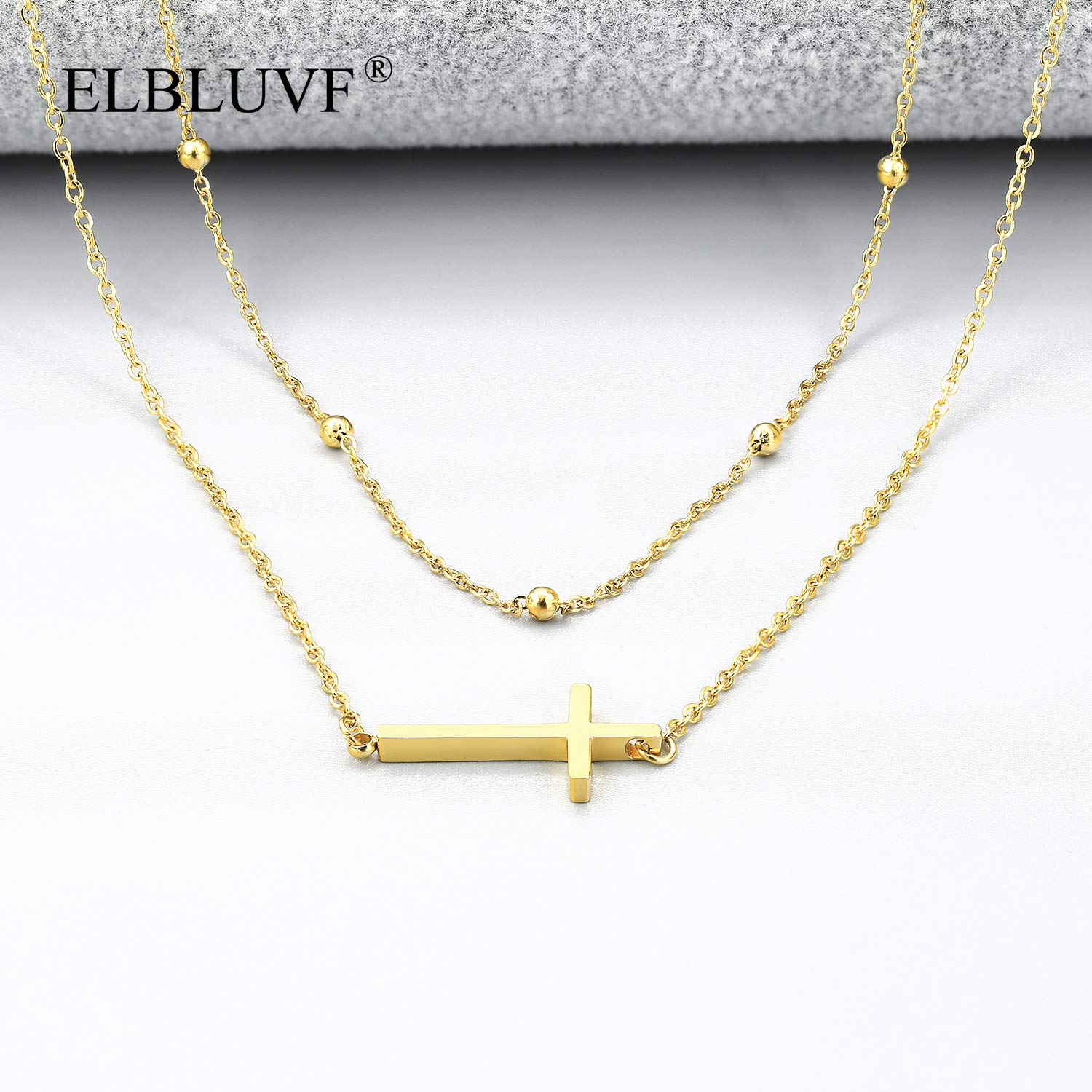 ELBLUVF Stainless Steel Gold Rose Gold Silver Plated Dainty Beads Sideways Cross Double Layers Necklace For Women (Gold 2 layers cross)