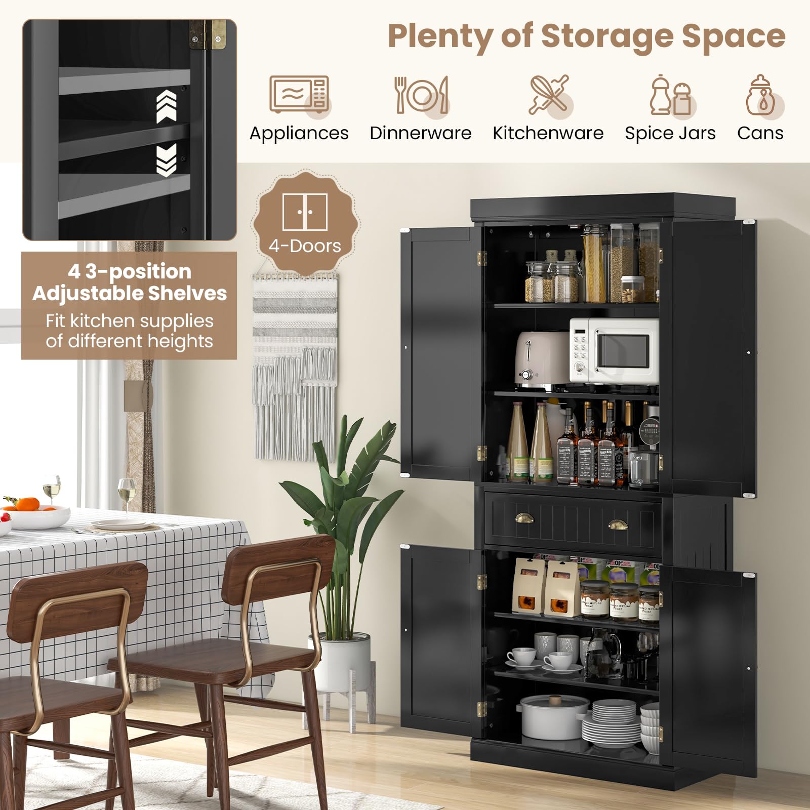 Nightcore, 1 Kitchen, 6ft Cupboard w/ 4 Adjustable Shelves, 2 Wood Pantries, Drawer, Utility Storage Cabinet for Hallway, Living Room, Bathroom, Black