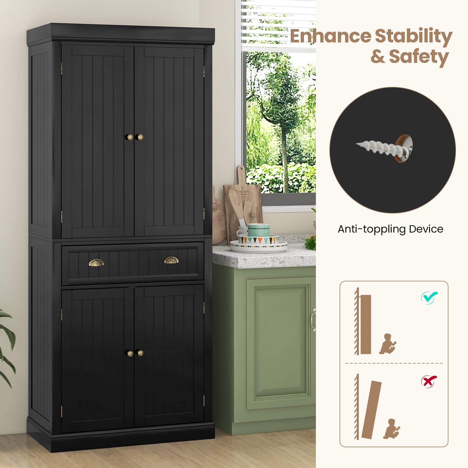 Nightcore, 1 Kitchen, 6ft Cupboard w/ 4 Adjustable Shelves, 2 Wood Pantries, Drawer, Utility Storage Cabinet for Hallway, Living Room, Bathroom, Black