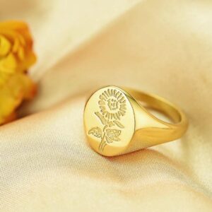 BAOWING Sunflower Rings for Women | Gold Chunky Dome Signet Ring | Stainless Steel Minimalistic Statement Jewelry Gift 18K Gold Size 5