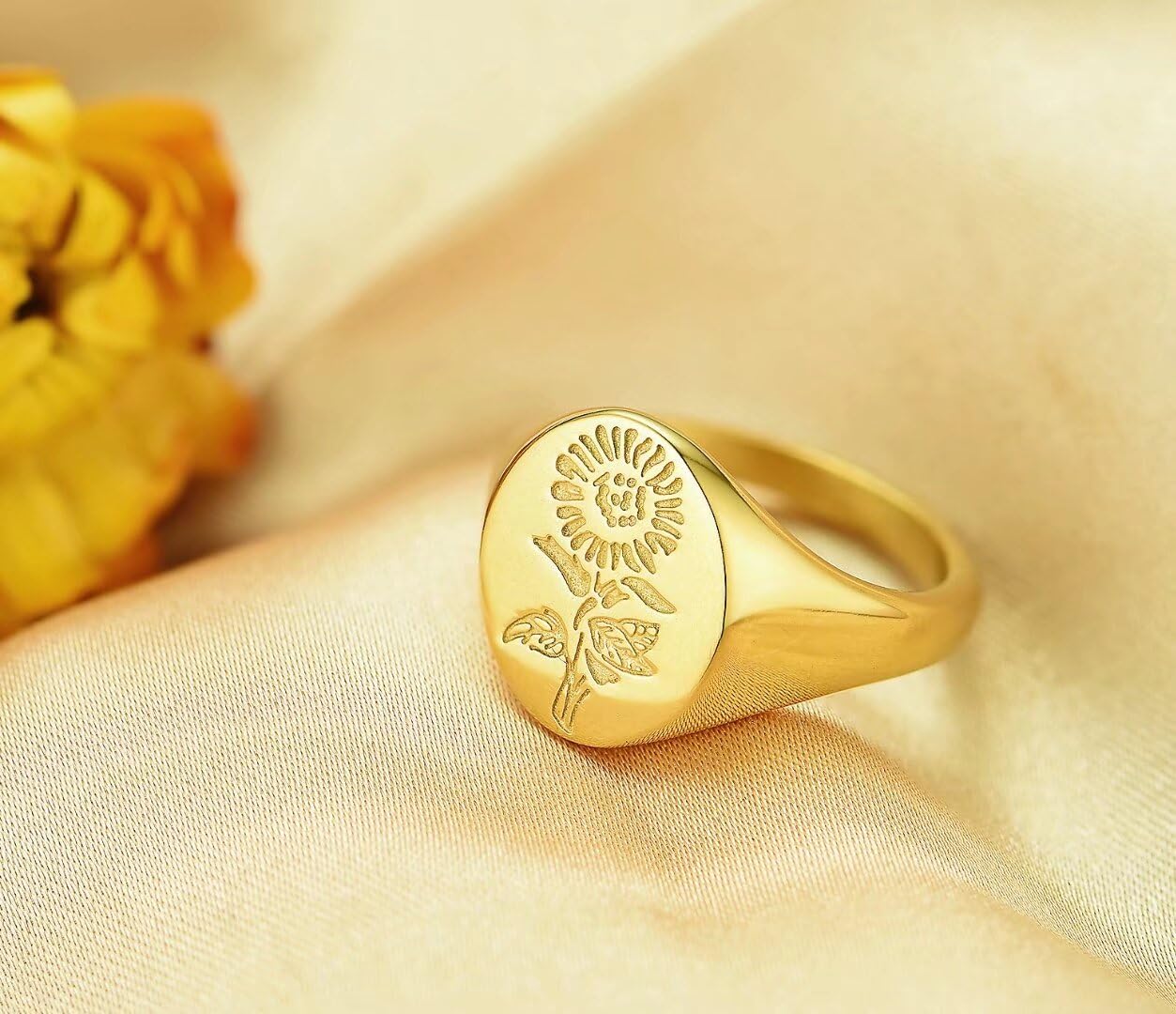 BAOWING Sunflower Rings for Women | Gold Chunky Dome Signet Ring | Stainless Steel Minimalistic Statement Jewelry Gift 18K Gold Size 5