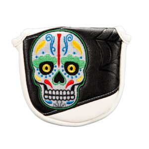 cmc design golf mallet head cover - custom sugar skull with web embroidered golf driver - premium faux leather, beautiful design elements & soft protective lining – great fit for any mallet & golfer