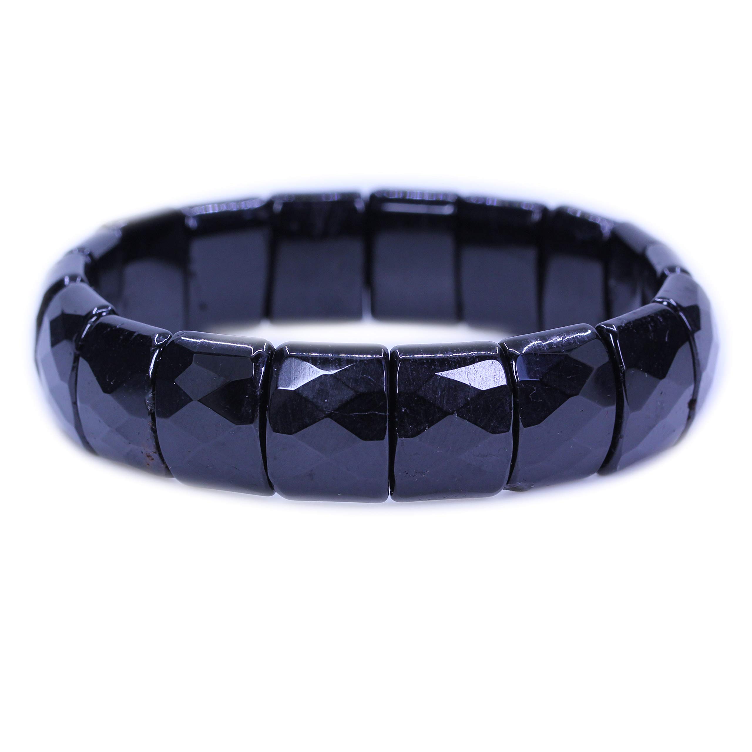 Keleny Natural Black Tourmaline Quartzite 15mm Square Grain Faceted Beaded Stretchable Crystal Bangle 7.5 Inch Unisex