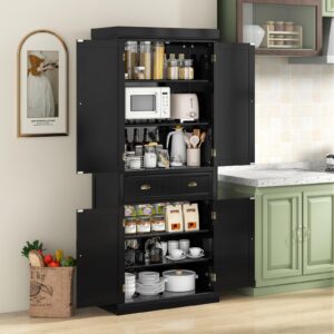 Nightcore, 1 Kitchen, 6ft Cupboard w/ 4 Adjustable Shelves, 2 Wood Pantries, Drawer, Utility Storage Cabinet for Hallway, Living Room, Bathroom, Black