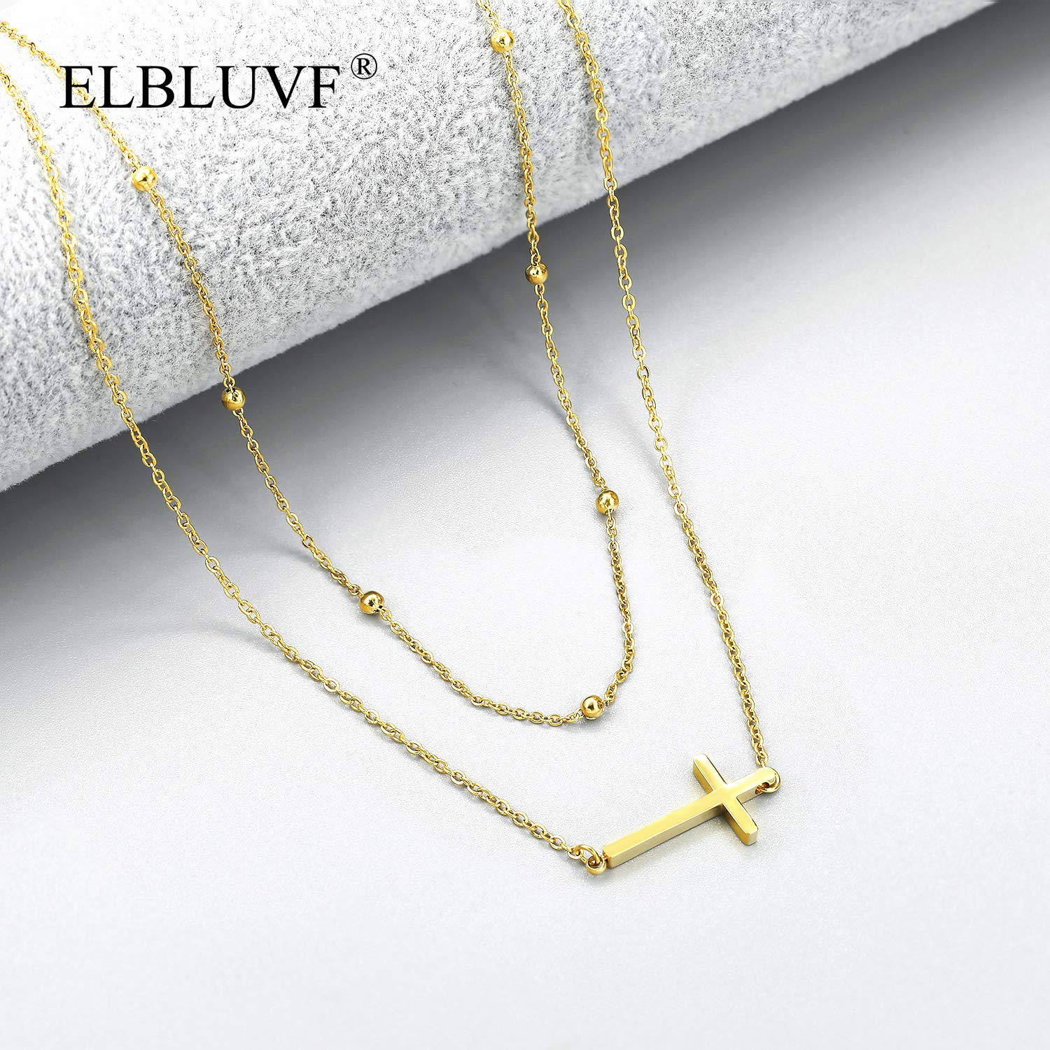 ELBLUVF Stainless Steel Gold Rose Gold Silver Plated Dainty Beads Sideways Cross Double Layers Necklace For Women (Gold 2 layers cross)