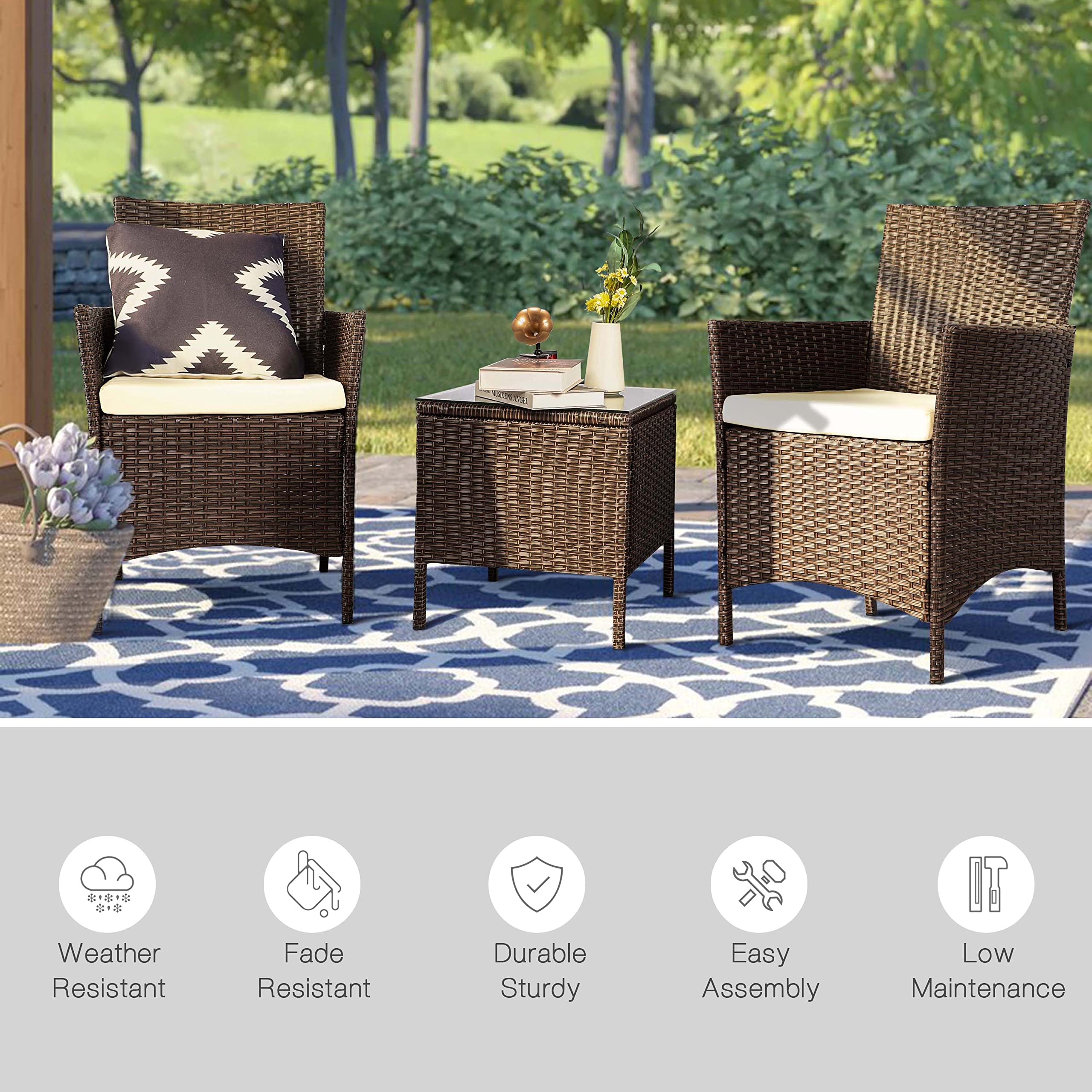 PAOLFOX 3 Pieces Patio Furniture Sets,Wicker Patio Set,PE Rattan Patio Furniture,Patio Bistro Sets,Porch Furniture,Outdoor Conversation Sets,Wicker Patio Chairs,Balcony Furniture Set