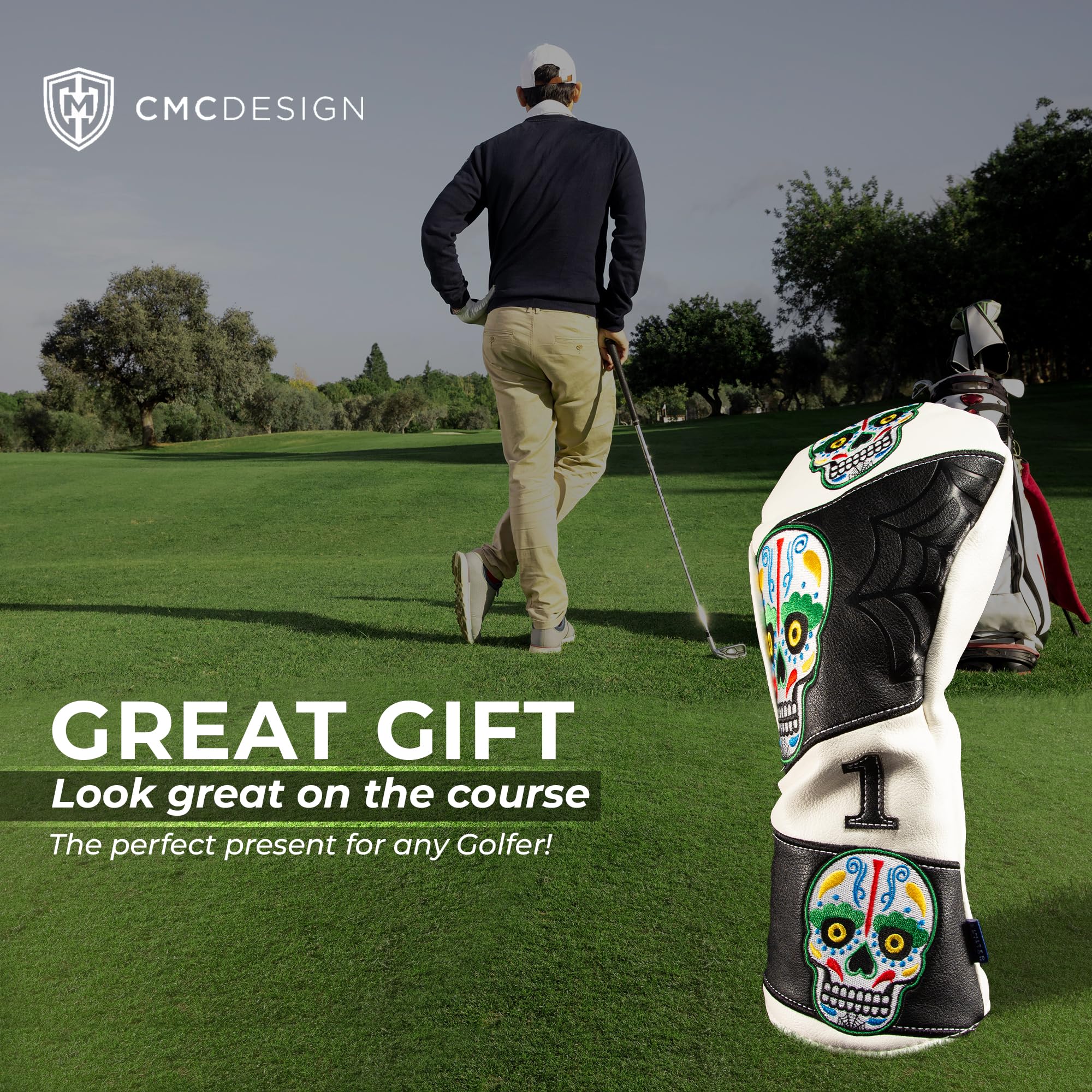 CMCDESIGN Custom Sugar Skull with Web Embroidered Golf Driver Head Cover - Glove Soft Lining - Design Elements Include Applique and Embossing - Great Fit on Any Club as Golf Head Covers, Wood Cover