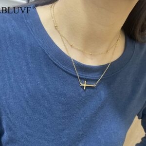 ELBLUVF Stainless Steel Gold Rose Gold Silver Plated Dainty Beads Sideways Cross Double Layers Necklace For Women (Gold 2 layers cross)