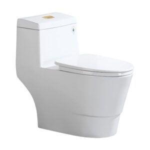 woodbridgee one piece toilet with soft closing seat, chair height, 1.28 gpf dual, water sensed, 1000 gram map flushing score toilet with brushed gold button t0001-bg, white