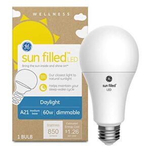 ge lighting sun filled led light bulb, 60 watt replacement, daylight, medium base, dimmable (pack of 1)