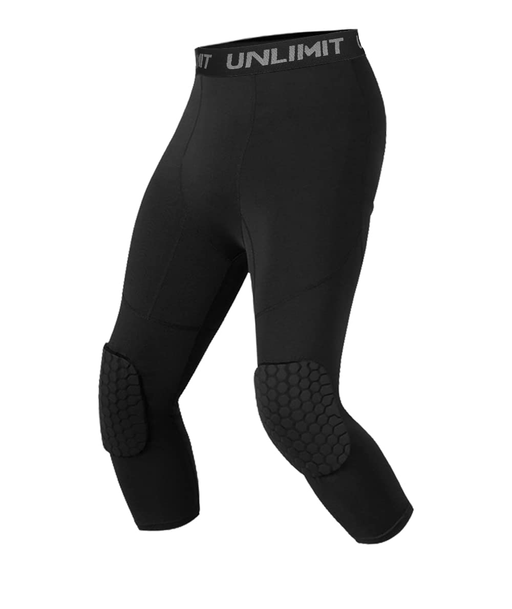 Unlimit for 4-16 yrs, Youth Basketball Pants with Knee Pads, 3/4 Capri Compression Pants for Boys. (Black, M: for 8-10 yrs)