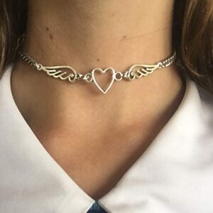 Angel Heart Wing Choker Gothic Indie Stuff Y2k Hollow Out Pendant Chain Necklace for Women Men