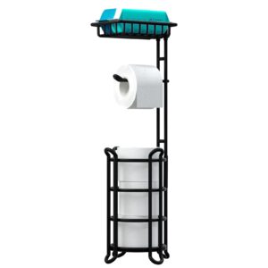 treelen toilet paper holder stand tissue paper roll dispenser with shelf for bathroom storage holds reserve mega rolls-matte black