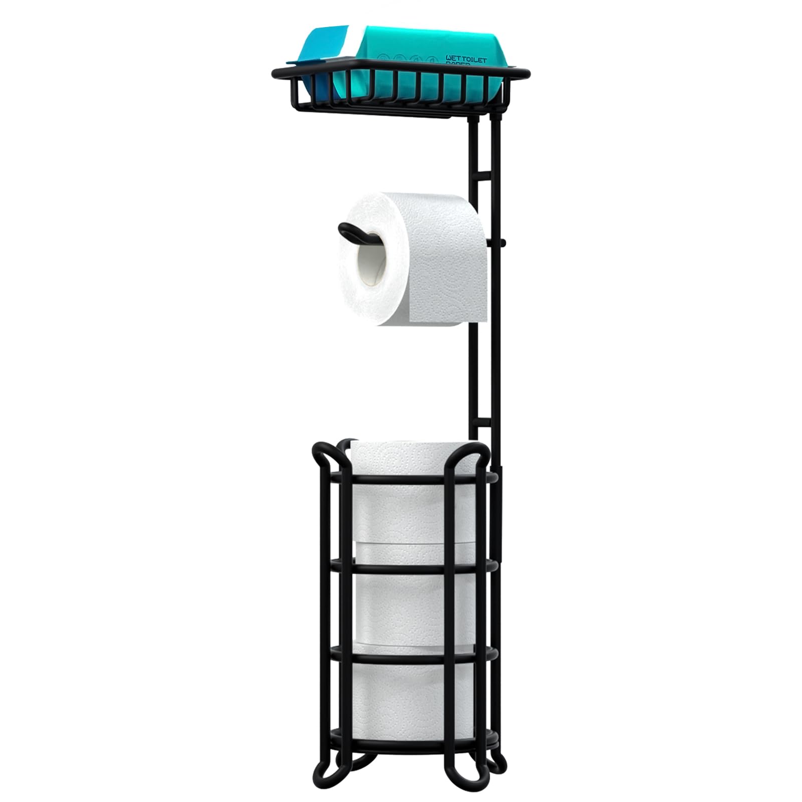 TreeLen Toilet Paper Holder Stand Tissue Paper Roll Dispenser with Shelf for Bathroom Storage Holds Reserve Mega Rolls-Matte Black