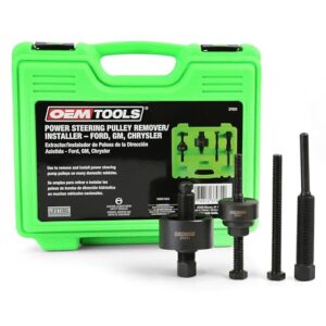 oemtools 37031 power steering pulley puller and installer kit, removes and installs power steering pump pulleys on most domestic vehicles, ford, gm, vw , green