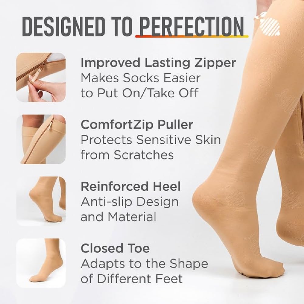 Zipper Compression Socks for Women and Men Closed Toe 20-30 mmhg Medical Zippered Compression Socks with Zip Guard for Skin Protection - Large, Beige