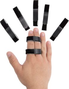 omeer 5 pack buddy tape finger straps with padded no-slip hook and loop are a washable and reusable finger splint solution to support injured fingers (black)