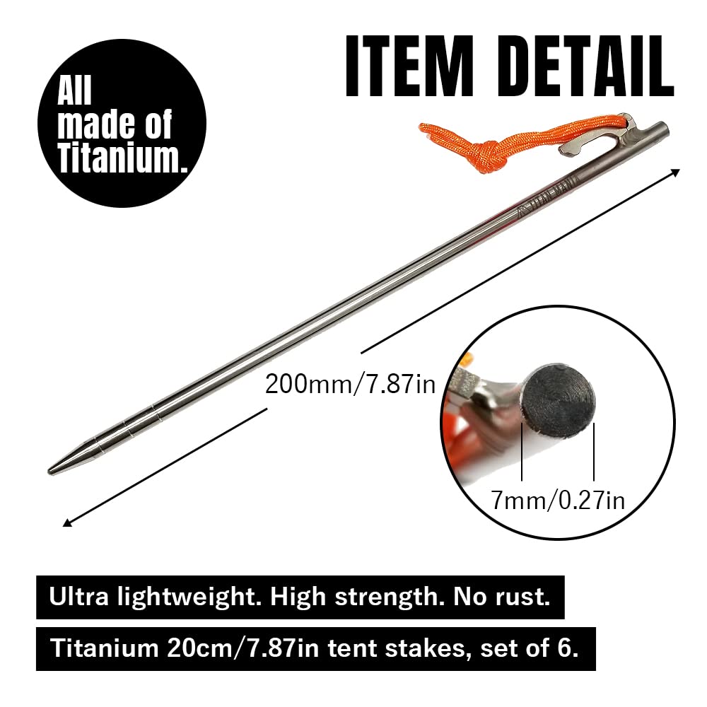 TITAN MANIA Titanium Tent Stakes 7.87 inch 20 cm, Tent Pegs, Lightweight, Sturdy, Outdoor Gear, Camping Equipment, 6 Pack