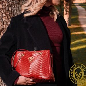 Valentino Orlandi Medium Purse Tote Wavy Pleated Burgundy Leather Italian Designer Bag w/Chain