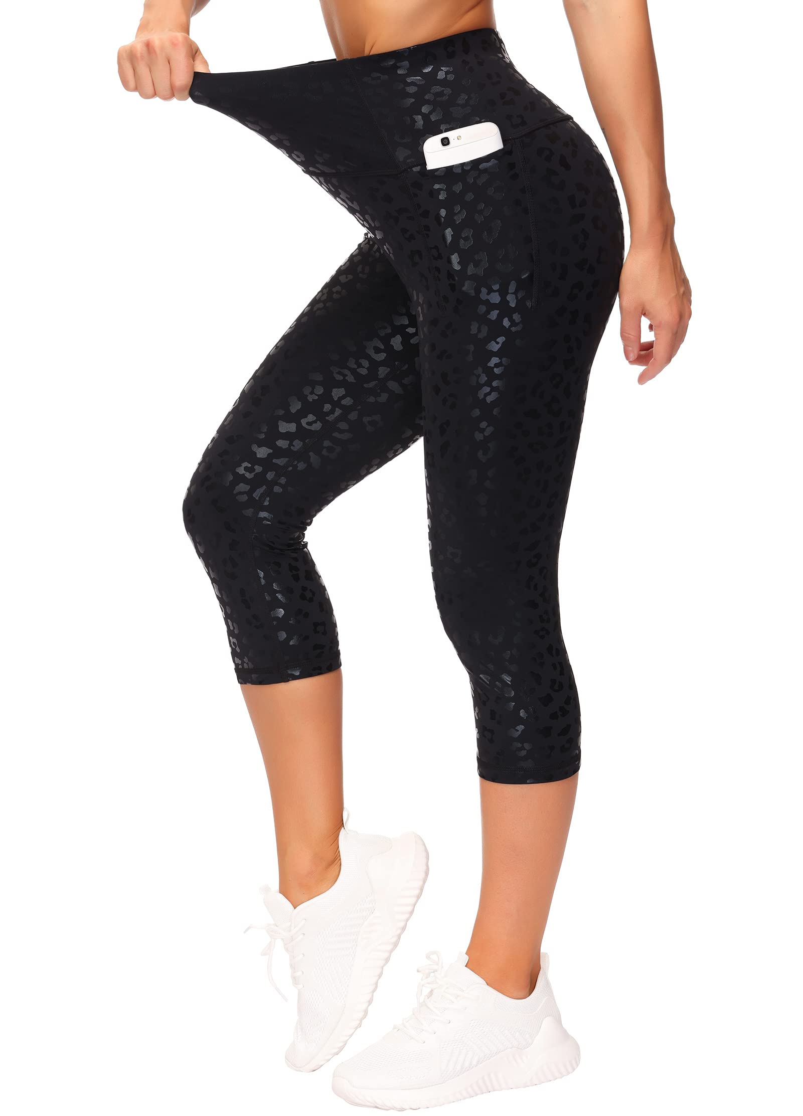 THE GYM PEOPLE Tummy Control Workout Capris Leggings with Pockets High Waist Athletic Yoga Pants for Women Running Hiking Silver/Black