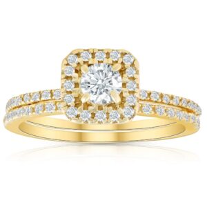 5/8 ct tdw diamond cushion halo engagement wedding ring set yellow gold - size 6