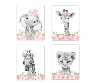 baby girl nursery wall art blush floral crown safari animals elephant giraffe lion zebra decor 4 unframed prints