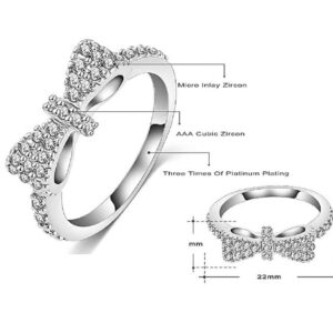 WANGYUSHENG Stylish Lovely Bow Statement Silver Plated Rings for Women ，Cubic Zirconia Rings for Adorable Gift (US size 6)