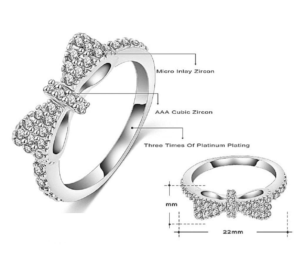 WANGYUSHENG Stylish Lovely Bow Statement Silver Plated Rings for Women ，Cubic Zirconia Rings for Adorable Gift (US size 6)