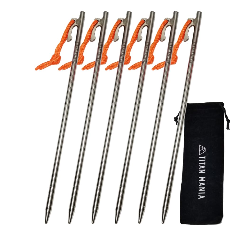 TITAN MANIA Titanium Tent Stakes 7.87 inch 20 cm, Tent Pegs, Lightweight, Sturdy, Outdoor Gear, Camping Equipment, 6 Pack