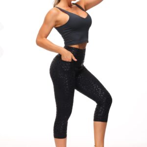 THE GYM PEOPLE Tummy Control Workout Capris Leggings with Pockets High Waist Athletic Yoga Pants for Women Running Hiking Silver/Black