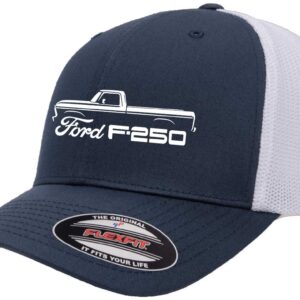 1973-77 Ford F250 Pickup Truck Outline Design Flexfit Trucker Mesh Fitted Cap Navy/White