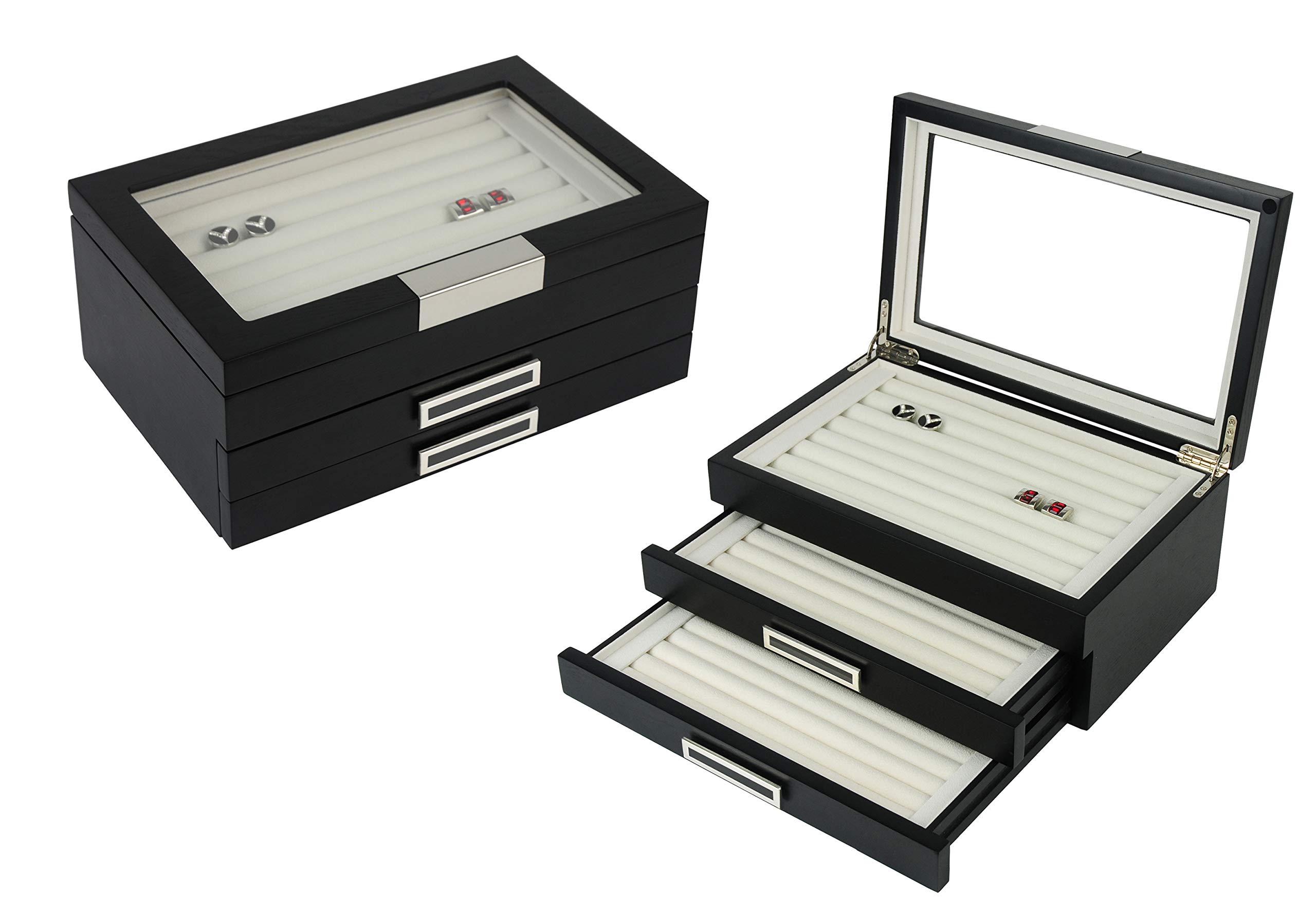 TIMELYBUYS Black Ebony Wood Cufflink Case & Ring Storage Organizer with Stainless Steel Engravable Design Accent Men's Jewelry Box for 108 Cufflinks