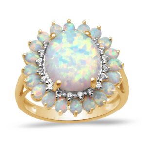 jewelili blooming ring in 18k yellow gold over sterling silver oval and pear shape created opal with round created white sapphire, size 9