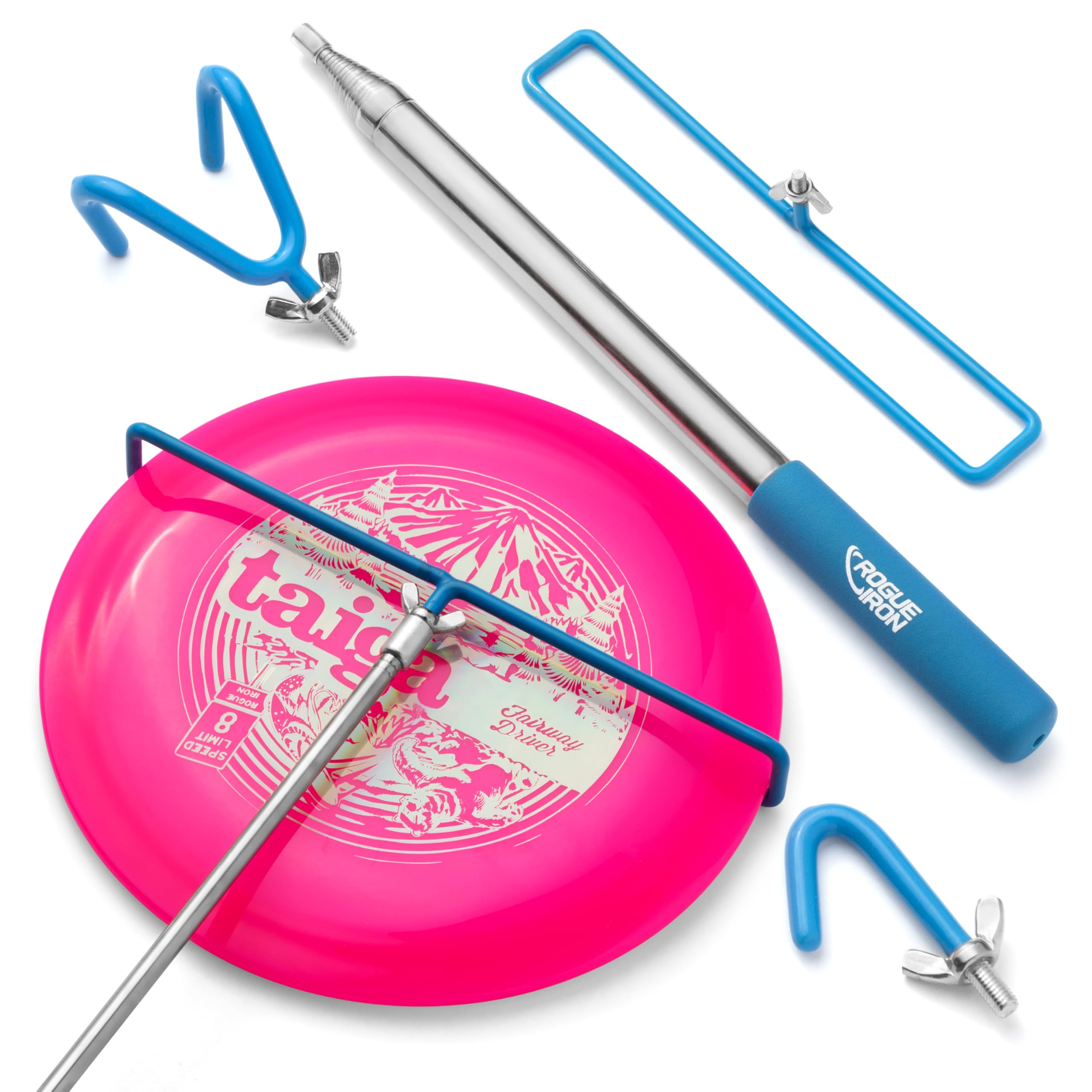 Rogue Iron Sports Disc Golf Retriever Pole Telescoping Disc Golf Accessories Grabber 16 inches to 16ft (Blue, 1, Inches, 1, Inches, 1, Inches, 16.00, Inches, 1, Inches)