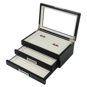 TIMELYBUYS Black Ebony Wood Cufflink Case & Ring Storage Organizer with Stainless Steel Engravable Design Accent Men's Jewelry Box for 108 Cufflinks