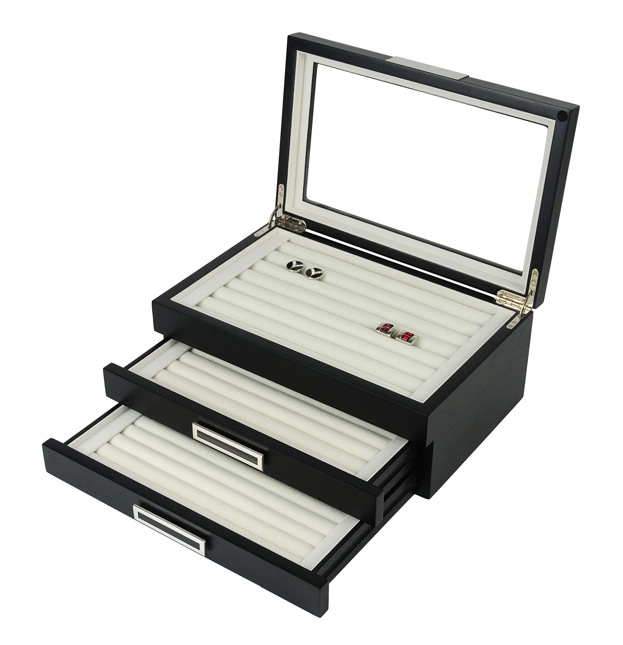 TIMELYBUYS Black Ebony Wood Cufflink Case & Ring Storage Organizer with Stainless Steel Engravable Design Accent Men's Jewelry Box for 108 Cufflinks