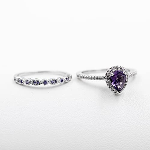 N/C 2pcs Stacking Rings Set, Crystal Milgrain Eternity Wedding Band & Purple Teardrop Halo Ring Engagement Promise (size 9)