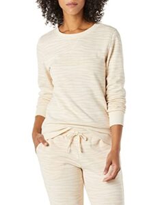 amazon essentials women's french terry fleece crewneck sweatshirt (available in plus size), beige zebra stripe print, medium