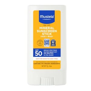 mustela baby mineral sunscreen stick spf 50 broad spectrum - face & body sun stick with 70% organic ingredients - ultra sheer, water resistant & fragrance-free - 0.6 oz (pack of 1)