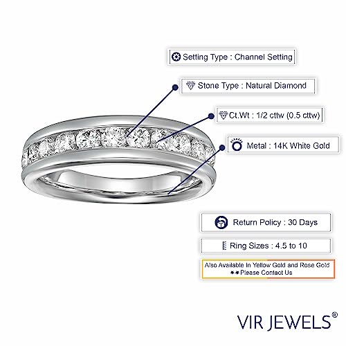 VIR JEWELS 1/2 carat (ctw) Diamond Wedding Anniversary Band for Women, Half Eternity Round Diamond Comfort Fit Engagement Ring 14K White Gold Channel Set 0.50 cttw, Size 9.5